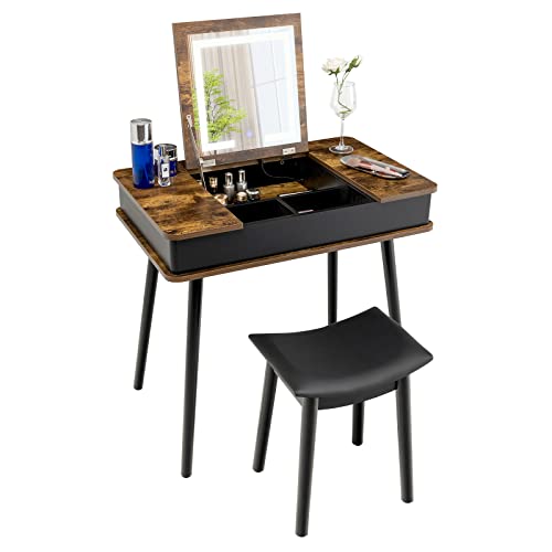 GOFLAME Vanity Table Set with Flip Top Mirror and Stool, Industrial Makeup Dressing Table with 3-Color Lighting Modes & USB Charging Port, 2-in-1 Vanity Desk & Writing Desk for Bedroom, Dressing Room