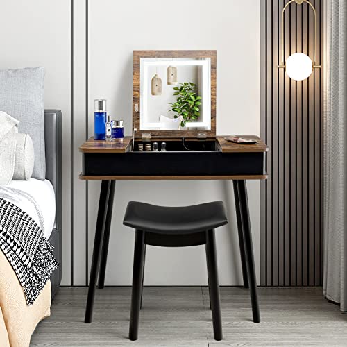 GOFLAME Vanity Table Set with Flip Top Mirror and Stool, Industrial Makeup Dressing Table with 3-Color Lighting Modes & USB Charging Port, 2-in-1 Vanity Desk & Writing Desk for Bedroom, Dressing Room