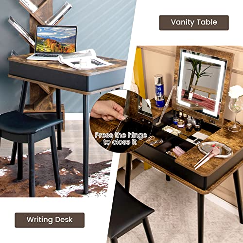 GOFLAME Vanity Table Set with Flip Top Mirror and Stool, Industrial Makeup Dressing Table with 3-Color Lighting Modes & USB Charging Port, 2-in-1 Vanity Desk & Writing Desk for Bedroom, Dressing Room