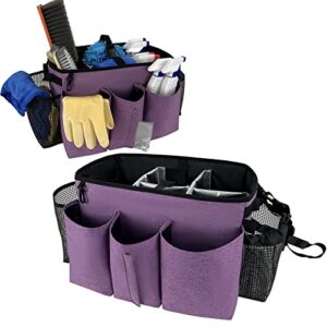 large cleaning caddy bag, wearable cleaning supplies organizer with shoulder and waist straps, multiple compartments organizer tote for tool with detachable divider for cleaners (purple)