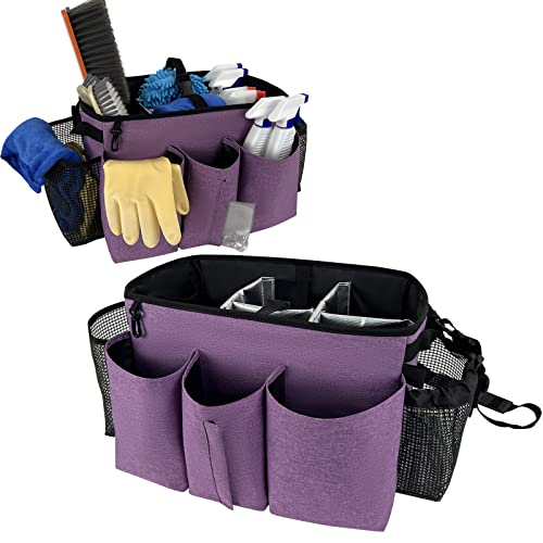 Large Cleaning Caddy Bag, Wearable Cleaning Supplies Organizer with Shoulder and Waist Straps, Multiple Compartments Organizer Tote for Tool with Detachable Divider for Cleaners (PURPLE)