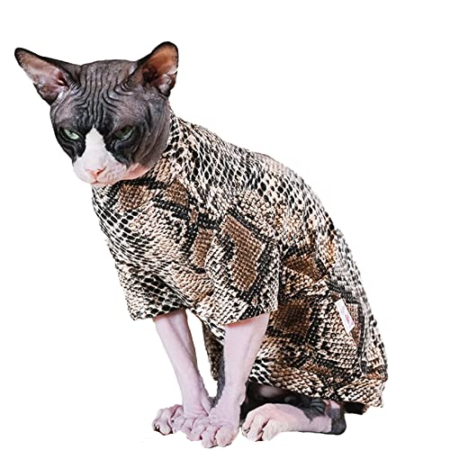 Sphynx Hairless Cat Clothes Spring Summer Limited Edition Snake Skin Pattern Cotton T-Shirts Elasticity Turtleneck Pet Clothes for Cat (XXL(13.8-16.5lbs), Golden Skin)