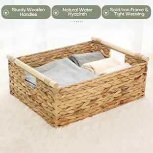 LaMorée Storage Baskets 3 PCS Hand Woven Natural Wicker Storage Bins Boxes with Wooden Handles Decorative Water Hyacinth Clothes Towel Food Container Organizer for Home Kitchen Laundry Room