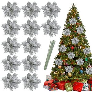 vanleonet 12 pcs christmas glitter artificial poinsettia flowers, christmas flowers decorations, glitter poinsettia tree ornaments for christmas wreath wedding xmas tree new year decorations