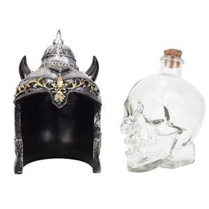 Skull with Viking Helmet Liquor Decanters Whiskey Vodka Crystal Skull Head Decanter Set 450ml (15oz) (Viking)