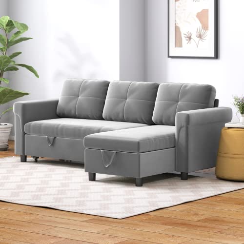 MUZZ Reversible Pull Out Sofa Couch, Sectional Sofa with Storage Chaise 3-Seat L-Shaped Sleeper Sofa, Ideal for Living Room, Apartment and Office etc. (Light Grey)