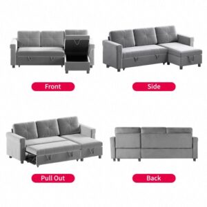 MUZZ Reversible Pull Out Sofa Couch, Sectional Sofa with Storage Chaise 3-Seat L-Shaped Sleeper Sofa, Ideal for Living Room, Apartment and Office etc. (Light Grey)