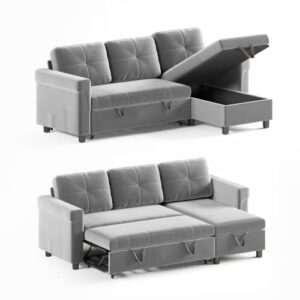 MUZZ Reversible Pull Out Sofa Couch, Sectional Sofa with Storage Chaise 3-Seat L-Shaped Sleeper Sofa, Ideal for Living Room, Apartment and Office etc. (Light Grey)