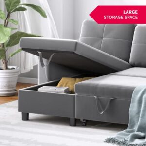 MUZZ Reversible Pull Out Sofa Couch, Sectional Sofa with Storage Chaise 3-Seat L-Shaped Sleeper Sofa, Ideal for Living Room, Apartment and Office etc. (Light Grey)