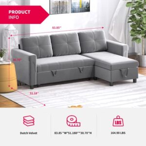 MUZZ Reversible Pull Out Sofa Couch, Sectional Sofa with Storage Chaise 3-Seat L-Shaped Sleeper Sofa, Ideal for Living Room, Apartment and Office etc. (Light Grey)