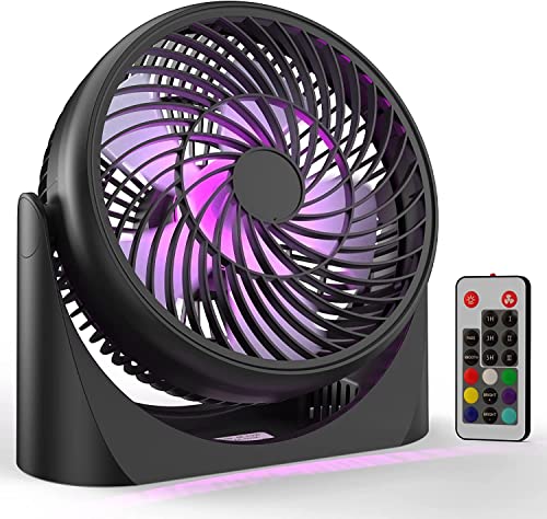 KITWLEMEN USB Desk Fan with Remote, 8 inch Portable Table Fan with 3 Speeds Strong Airflow, RGB Light, Quiet Operation and 360°Rotate for Home Office Bedroom