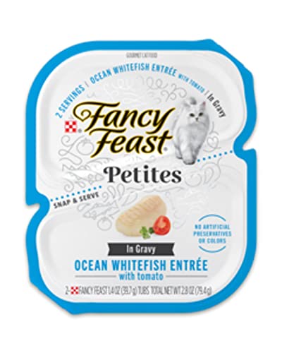 Fancy Feast Petite Gravy Variety, 4 Flavors, 2(Each); Ocean Whitefish, Seared Salmon,Grilled Chicken and Roasted Turkey Wet cat Food .Total of 08 Trays. Plus a Noisy Cat Toy Ball