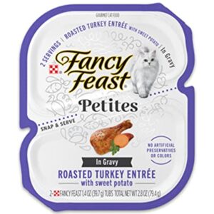 Fancy Feast Petite Gravy Variety, 4 Flavors, 2(Each); Ocean Whitefish, Seared Salmon,Grilled Chicken and Roasted Turkey Wet cat Food .Total of 08 Trays. Plus a Noisy Cat Toy Ball