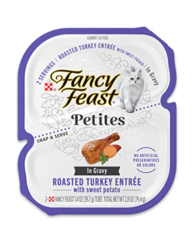 Fancy Feast Petite Gravy Variety, 4 Flavors, 2(Each); Ocean Whitefish, Seared Salmon,Grilled Chicken and Roasted Turkey Wet cat Food .Total of 08 Trays. Plus a Noisy Cat Toy Ball