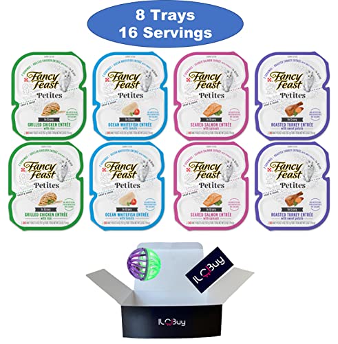 Fancy Feast Petite Gravy Variety, 4 Flavors, 2(Each); Ocean Whitefish, Seared Salmon,Grilled Chicken and Roasted Turkey Wet cat Food .Total of 08 Trays. Plus a Noisy Cat Toy Ball