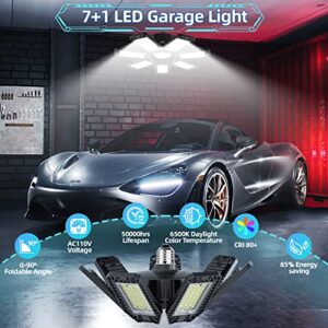 YIBEYYDS LED Garage Lights 200W 20000ML 2 Pack, 6500K Garage Lights Garage Lights Ceiling LED with 7+1 Deformable Panels, LED Garage Ceiling Lights for Garage, Workshop, Basement Support E26/E27