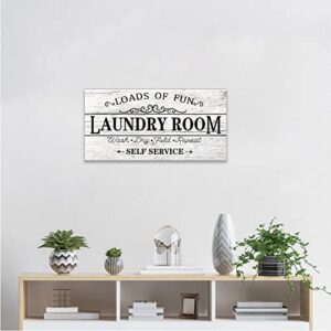 Laundry Room Wall Art Laundry Sign Laundry Wall Decor | Wash Dry Fold Repeat | Retro Laundry Room Decor Black Quote Art Prints Wood Background Home Living Room Decorations Framed 24X12 Inch