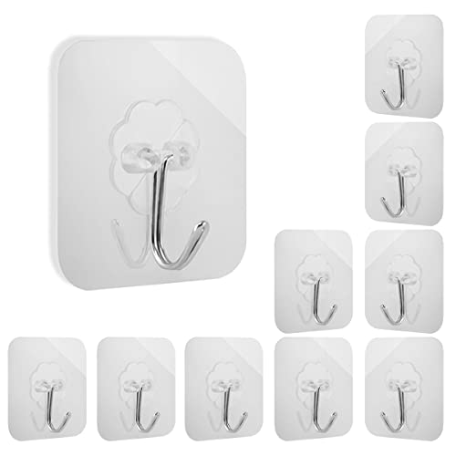 JIQGOZBAN 10 Packs Wall Hooks 13lbs(Max) Transparent Reusable Adhesive Hooks for Hanging Heavy Duty, Waterproof and Oilproof, Bathroom Kitchen Hanging Hooks