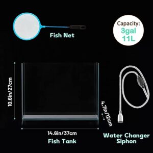 LAQUAL 3 Gallon Ultra Clear Glass Fish Tank, Rimless Low Iron Aquarium for Betta/Nano/Goldfish/Snail/Shrimp, Small Fish Tank with Fish Net & Cleaning Tools