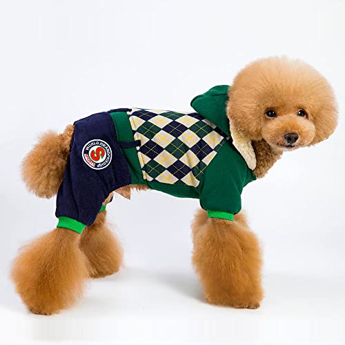 Checkered Pet Poodle Teddy Dog Clothes Sweater Warm 4Leg Dogs Plush Clothes Coat Winter Small Dogs British Style Grid Apparel for Dogs Small to Medium (X-Large, Green)