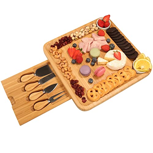 Bamboo Cheese Board Knife Set Large Charcuterie Platter Meat Cracker Serving Tray Awesome Housewarming&Christmas Gift for Women/mom