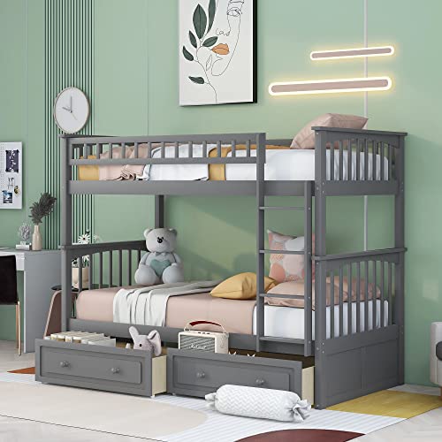 Harper & Bright Designs Bunk Beds Twin Over Twin with Storage, Twin Bunk Beds with 2 Drawers, Wooden Storage Bunk Bed with Safety Rail and Ladder,Can be Convertible to 2 Beds,Grey