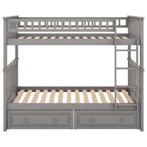 Harper & Bright Designs Bunk Beds Twin Over Twin with Storage, Twin Bunk Beds with 2 Drawers, Wooden Storage Bunk Bed with Safety Rail and Ladder,Can be Convertible to 2 Beds,Grey