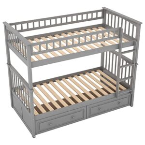 Harper & Bright Designs Bunk Beds Twin Over Twin with Storage, Twin Bunk Beds with 2 Drawers, Wooden Storage Bunk Bed with Safety Rail and Ladder,Can be Convertible to 2 Beds,Grey