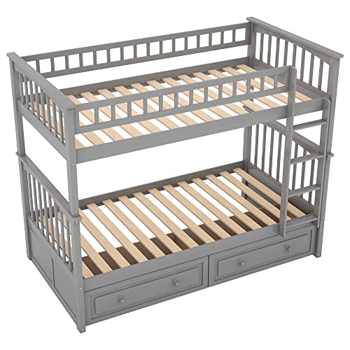 Harper & Bright Designs Bunk Beds Twin Over Twin with Storage, Twin Bunk Beds with 2 Drawers, Wooden Storage Bunk Bed with Safety Rail and Ladder,Can be Convertible to 2 Beds,Grey