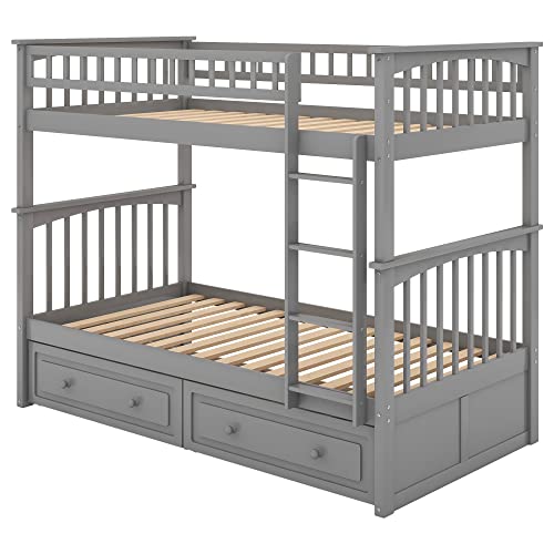 Harper & Bright Designs Bunk Beds Twin Over Twin with Storage, Twin Bunk Beds with 2 Drawers, Wooden Storage Bunk Bed with Safety Rail and Ladder,Can be Convertible to 2 Beds,Grey