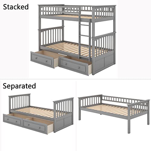 Harper & Bright Designs Bunk Beds Twin Over Twin with Storage, Twin Bunk Beds with 2 Drawers, Wooden Storage Bunk Bed with Safety Rail and Ladder,Can be Convertible to 2 Beds,Grey