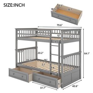 Harper & Bright Designs Bunk Beds Twin Over Twin with Storage, Twin Bunk Beds with 2 Drawers, Wooden Storage Bunk Bed with Safety Rail and Ladder,Can be Convertible to 2 Beds,Grey