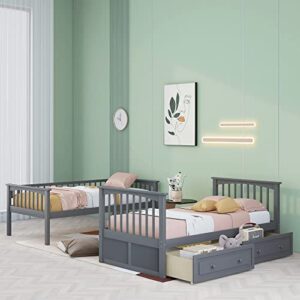 Harper & Bright Designs Bunk Beds Twin Over Twin with Storage, Twin Bunk Beds with 2 Drawers, Wooden Storage Bunk Bed with Safety Rail and Ladder,Can be Convertible to 2 Beds,Grey