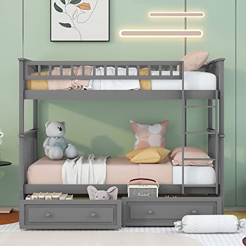 Harper & Bright Designs Bunk Beds Twin Over Twin with Storage, Twin Bunk Beds with 2 Drawers, Wooden Storage Bunk Bed with Safety Rail and Ladder,Can be Convertible to 2 Beds,Grey