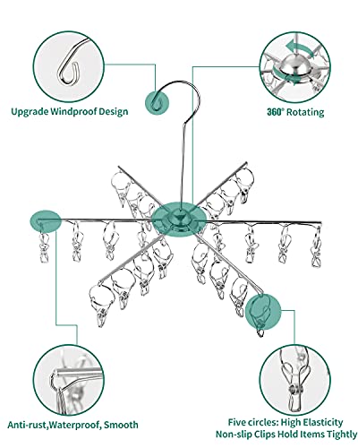 WYCQKL Clothes Drying Rack 24 Clips, Space Saving 360° Rotatable Hook Bra Hanger for Towel, Socks, Baby Clothes, Herbs