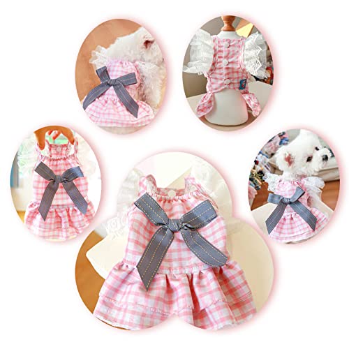 Toysructin Pet Dress Girl with Bow, Sweet Plaid Dog Princess Dresses Comfy Lace Sleeves Dogs Clothes for Spring Summer Autumn, Cute Cat Dog Skirt Thin Puppy Skirts Apparel for Small Medium Large Pets