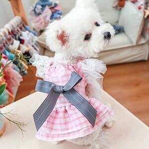 Toysructin Pet Dress Girl with Bow, Sweet Plaid Dog Princess Dresses Comfy Lace Sleeves Dogs Clothes for Spring Summer Autumn, Cute Cat Dog Skirt Thin Puppy Skirts Apparel for Small Medium Large Pets