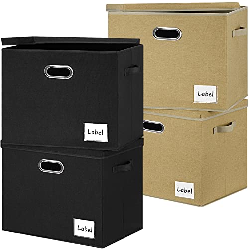 LHZK 4Pack Extra Large Storage Bins with Lids 16x12x12 Foldable Linen Fabric Storage Boxes with Lids, Decorative Fabric Storage Bins with Label & 3 Handles for Shelves Bedroom Home Office-Black,Beige