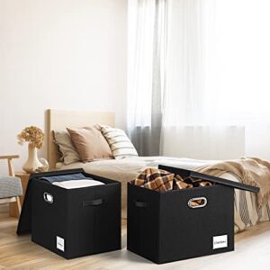 LHZK 4Pack Extra Large Storage Bins with Lids 16x12x12 Foldable Linen Fabric Storage Boxes with Lids, Decorative Fabric Storage Bins with Label & 3 Handles for Shelves Bedroom Home Office-Black,Beige