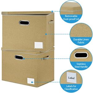 LHZK 4Pack Extra Large Storage Bins with Lids 16x12x12 Foldable Linen Fabric Storage Boxes with Lids, Decorative Fabric Storage Bins with Label & 3 Handles for Shelves Bedroom Home Office-Black,Beige