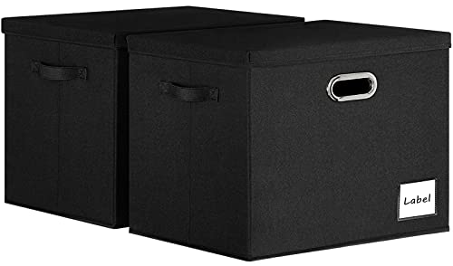 LHZK 4Pack Extra Large Storage Bins with Lids 16x12x12 Foldable Linen Fabric Storage Boxes with Lids, Decorative Fabric Storage Bins with Label & 3 Handles for Shelves Bedroom Home Office-Black,Beige