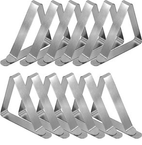 tablecloth clips, 12 pack stainless steel heavy duty picnic table cloth clips, outdoor picnic tables cover clamps holders for dining restaurant marquees weddings graduation party,thickness below 1.4''