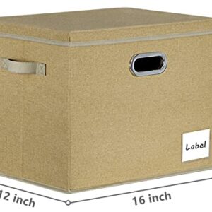 LHZK 4Pack Extra Large Storage Bins with Lids 16x12x12 Foldable Linen Fabric Storage Boxes with Lids, Decorative Fabric Storage Bins with Label & 3 Handles for Shelves Bedroom Home Office (Grey,Beige)