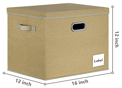 LHZK 4Pack Extra Large Storage Bins with Lids 16x12x12 Foldable Linen Fabric Storage Boxes with Lids, Decorative Fabric Storage Bins with Label & 3 Handles for Shelves Bedroom Home Office (Grey,Beige)