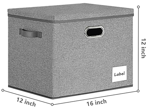 LHZK 4Pack Extra Large Storage Bins with Lids 16x12x12 Foldable Linen Fabric Storage Boxes with Lids, Decorative Fabric Storage Bins with Label & 3 Handles for Shelves Bedroom Home Office (Grey,Beige)