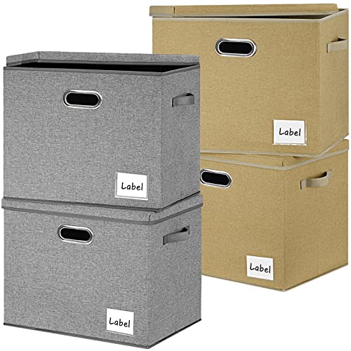 LHZK 4Pack Extra Large Storage Bins with Lids 16x12x12 Foldable Linen Fabric Storage Boxes with Lids, Decorative Fabric Storage Bins with Label & 3 Handles for Shelves Bedroom Home Office (Grey,Beige)