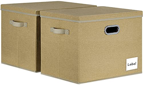 LHZK 4Pack Extra Large Storage Bins with Lids 16x12x12 Foldable Linen Fabric Storage Boxes with Lids, Decorative Fabric Storage Bins with Label & 3 Handles for Shelves Bedroom Home Office (Grey,Beige)