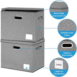 LHZK 4Pack Extra Large Storage Bins with Lids 16x12x12 Foldable Linen Fabric Storage Boxes with Lids, Decorative Fabric Storage Bins with Label & 3 Handles for Shelves Bedroom Home Office (Grey,Beige)