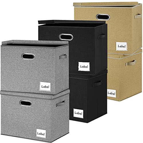 LHZK 6-Pack Extra Large Storage Bins with Lids 16x12x12 Foldable Linen Fabric Storage Boxes with Lids, Decorative Fabric Storage Bins with Label & 3 Handles for Shelves Bedroom Home Office