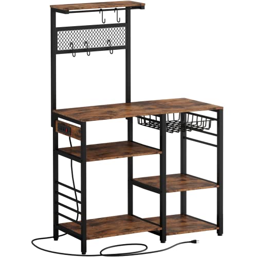 IRONCK Bakers Rack, Microwave Stand with Power Outlet, Industrial Coffee Bar with Wire Drawer for Kitchen, Living Room Easy Assembly and Save Space Vintage Brown